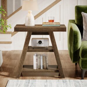 Tribesigns End Table for Living Room, 3-Tier Narrow Sofa Side Table with Storage Shelf, Farmhouse Small Wood End Table for Small Spaces, Industrial Heavy-Duty Bedside Table for Bedroom, Rustic Brown