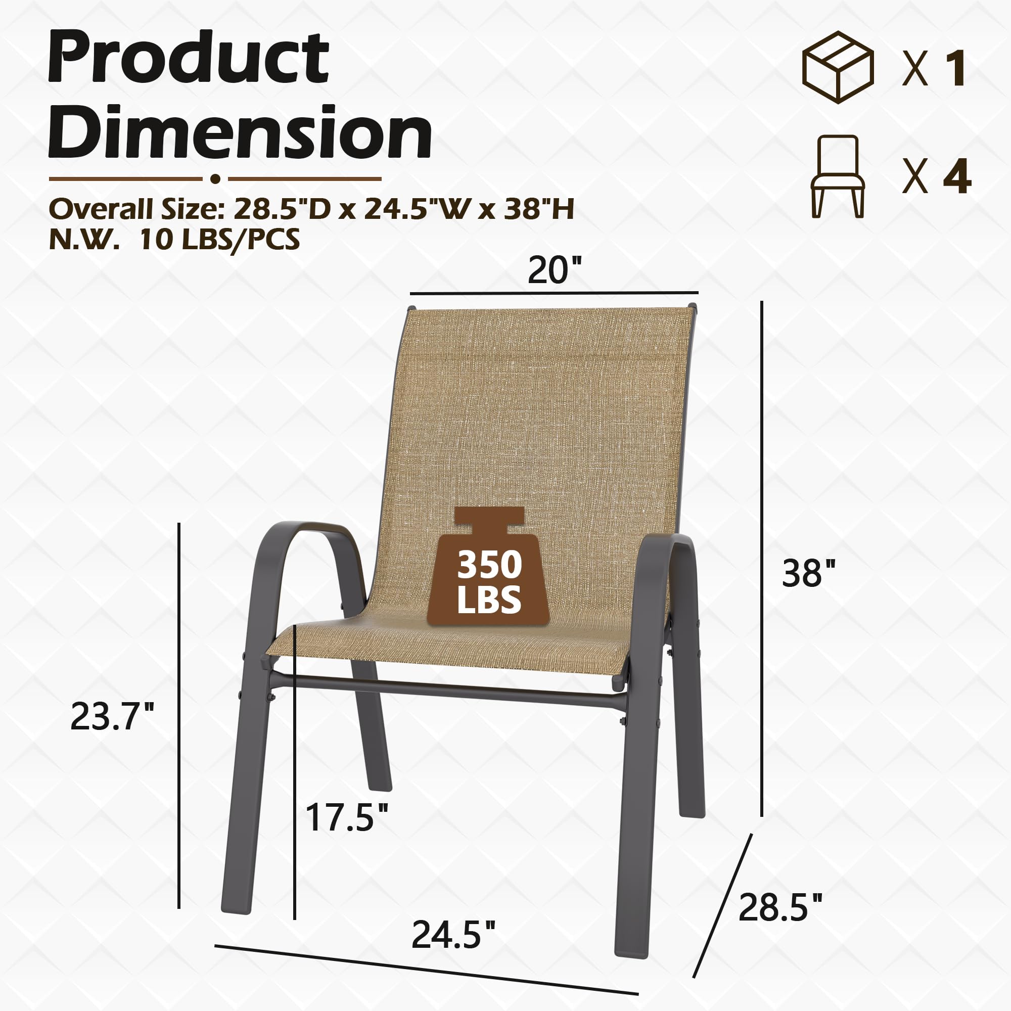 Betterhood Patio Chairs Set of 4, Stackable Outdoor Dining Chairs Set with Breathable Seat Fabric, All-Weather Powder-Coated Metal Frame for Deck, Pool Side and Backyard, 350LBS Capacity (Khaki)