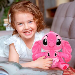 Tigiemap Cartoon Plush - 12.6 Inch Pink Cartoon Mommy Plush with a Baby Plush Cartoon Monster Plush Pillow Birthday Gift for Boys and Girls for Collection Reward