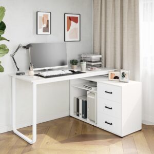 ARTPOWER 55" L Shaped Computer Desk with Storage Cabinet, Large Home Office Corner Desk with 3 Drawers and Shelf,Computer Table for PC Executive Writing Study Work,Reversible Gaming Desk, White