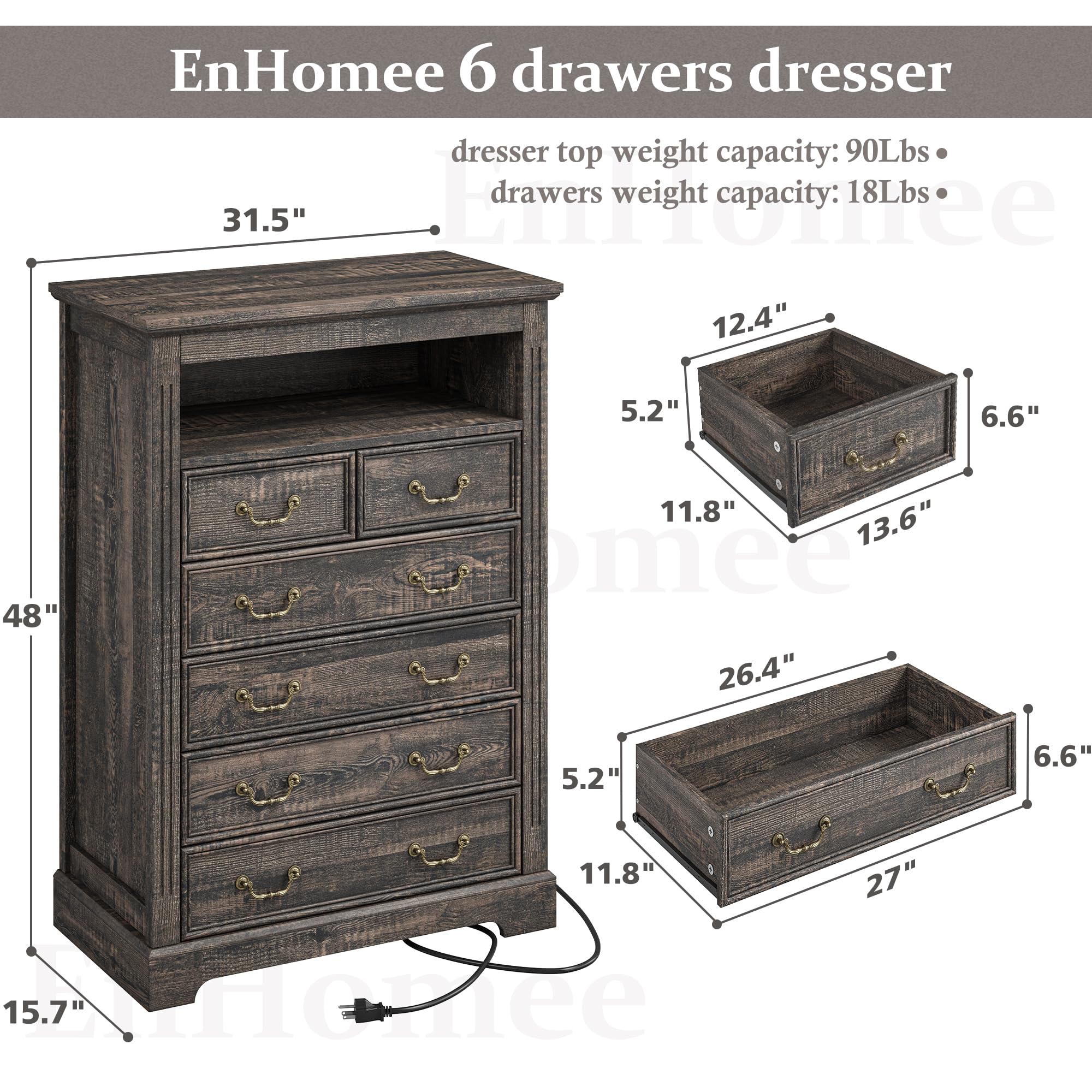 EnHomee Farmhouse 6 Drawer Dresser for Bedroom LED Light & Power Outlets, 48" H Solid Wood Dressers & Chests of Drawers with Natural Texture, Tall Dressers for Bedroom, Hallway (Dark Rustic Oak)