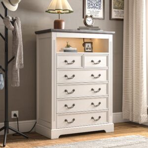 EnHomee Farmhouse 6 Drawer Dresser for Bedroom LED Light & Power Outlets, 48" H Solid Wood Dressers & Chests of Drawers with Natural Texture, Tall Dressers for Bedroom, Hallway (Antique White)