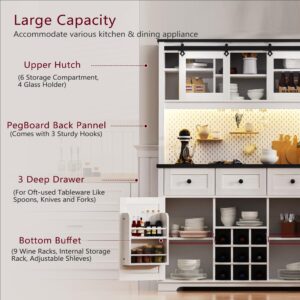 Farmhosue Pantry Bar Cabinet with Internal Storage Rack,Kitchen Cabinet with Hutch,Sliding Door,Power Outlet,Pegboard,Wine & Glasses Rack,3 Drawers,Rustic Coffee Bar Storage Cabinet,White Oak