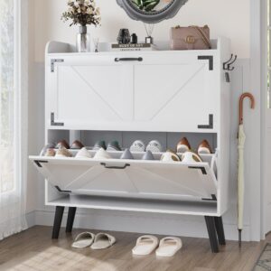 txgdpioneer narrow shoe storage cabinet,hidden shoe cabinet with 4 wooden legs,31.5" w farmhouse style freestanding shoe rack,white shoe cabinet with 2 flip drawers for entryway,hallways