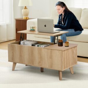 Wooden Fluted Lift Top Coffee Table with Hidden Compartment, Modern Rectangle Center Tables with Adjustable Storage Shelf, Lift Tabletop Dining Table for Home Living Room Office(Natural)