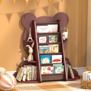 naches kids bookshelf for kids room bear toy organizer storage toddler montessori bookshelves for baby children 4-tier wooden bookcase for nursery, playroom, bedroom, classroom, kindergarten decor