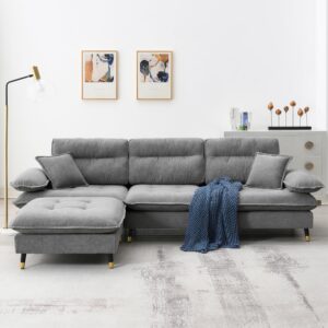 luspaz l shaped convertible sectional sofa set, cloud chenille fabric 4 seat tufted couch with movable ottoman and two-tone adjust legs,grey