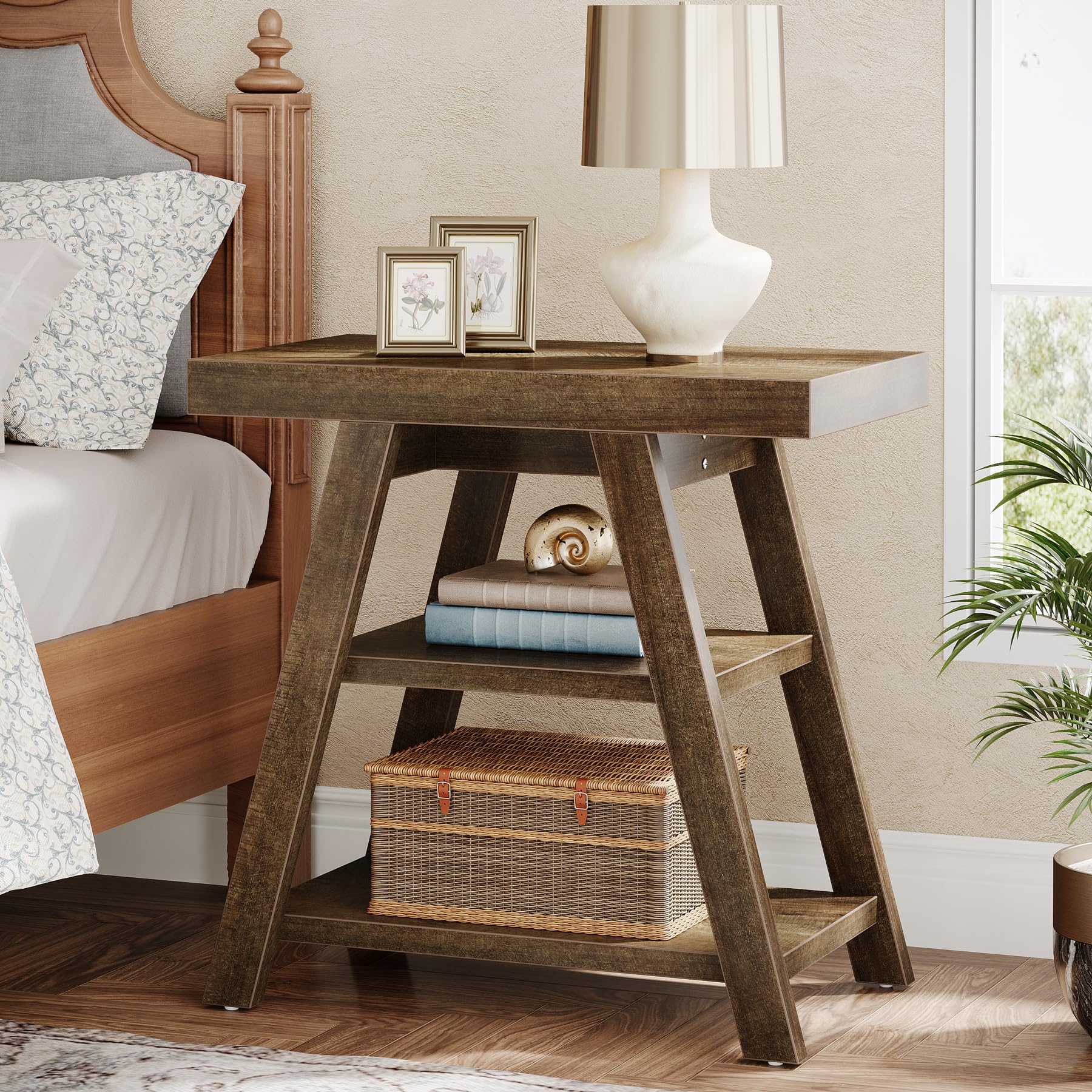 Tribesigns End Table for Living Room, 3-Tier Narrow Sofa Side Table with Storage Shelf, Farmhouse Small Wood End Table for Small Spaces, Industrial Heavy-Duty Bedside Table for Bedroom, Rustic Brown