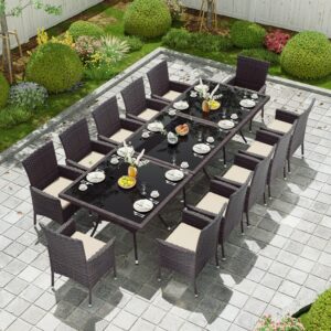 kullavik 15-piece outdoor dining set patio rattan furniture set,patio dining table and chairs set with 12 chairs and cushions,square glass tabletop with umbrella hole for patio,backyard,garden,sand