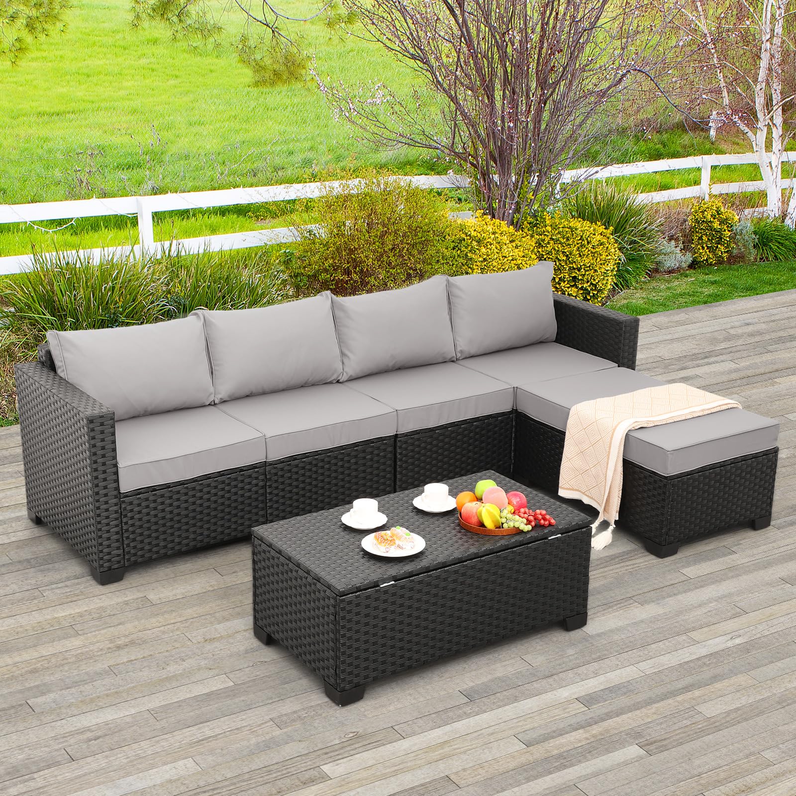 Rattaner Outdoor Sectional 4 Pieces Patio Furniture Set Wicker Patio Furniture Long Patio Couch with Ottoman and Outdoor Storage Table Weathering Anti-Slip Cushions Waterproof Covers, Light Grey