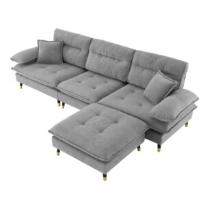 LUSPAZ L Shaped Convertible Sectional Sofa Set, Cloud Chenille Fabric 4 Seat Tufted Couch with Movable Ottoman and Two-Tone Adjust Legs,Grey