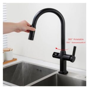 Kitchen Pull Out Digital Display Function Swivel Kitchen Faucet(Black)