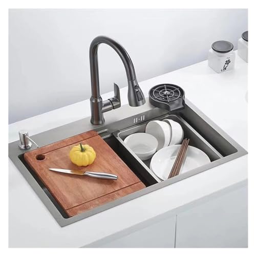 Kitchen Faucet Single Hole Pull Out Spout Kitchen Sink Mixer Faucet Spray Head Chrome/Black Mixer Faucet(Gray)