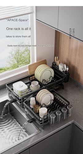 Taqargzy Dish Drying Rack Large Dish Drying Rack with Drainboard Set, Extendable Dish Rack, Utensil Holder, Cup Holder, Expandable Dish Drainer for Kitchen CounterCup Holder,(Black1)