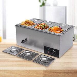 YUMIONB Commercial Food Warmer, 110V 600W Stainless Steel Food Warmer Electric Food Warmer Adjustable Temperature 30-85°C/86-185℉ Portable Food Warmer with 6 Pans for Home, Restaurants, Parties