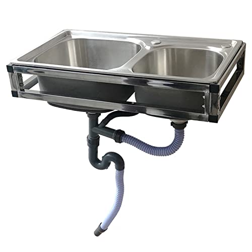 Wall Mount Utility Sink Hand Wash Basin, Commercial 304 Stainless Steel Sink 2 Compartment Kitchen Sink, Outdoor Sink Station Prep/Bar Sinks, for Garage Restaurant Laundr,Set 2-Set 1