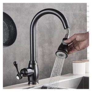 Bronze Black Kitchen Faucet Pull-Out Two-Way Sprayer Single Handle Hot and Cold Water Mixing Faucet Kitchen Water Crane Type 360 ​​Degree Rotation(Oil Rubbed Bronze)