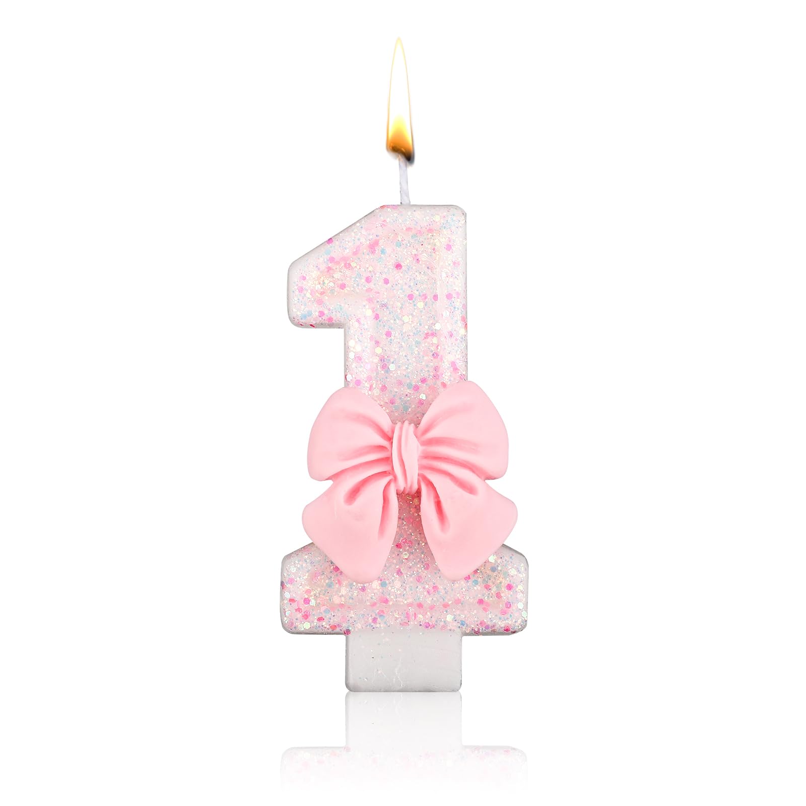 Pink Number Candles, Pink Bowknot Number Candles Glittering Birthday Number Candle for Cake Birthday Party Wedding Anniversary (Number 1)