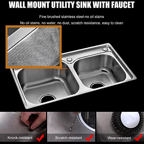 Wall Mount Utility Sink Hand Wash Basin, Commercial 304 Stainless Steel Sink 2 Compartment Kitchen Sink, Outdoor Sink Station Prep/Bar Sinks, for Garage Restaurant Laundr,Set 2-Set 1