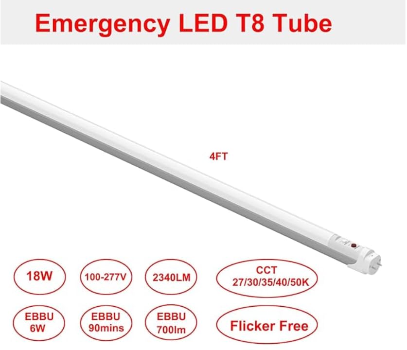 E2 LIGHTING 4ft T8 LED Bulbs, LED Fluorescent Tube Replacement 4ft, T8 LED with Emergency Battery, 5 CCT Tunable 27K-50K, 6W, 120-277V, Ideal for Office and Warehouse-5 Pack