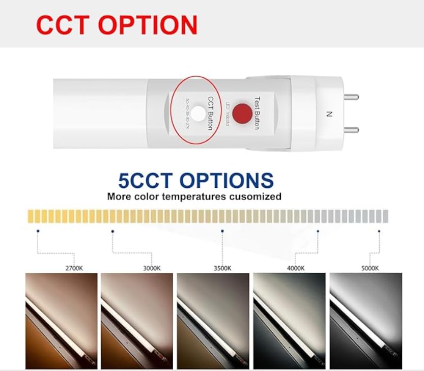 E2 LIGHTING 4ft T8 LED Bulbs, LED Fluorescent Tube Replacement 4ft, T8 LED with Emergency Battery, 5 CCT Tunable 27K-50K, 6W, 120-277V, Ideal for Office and Warehouse-5 Pack