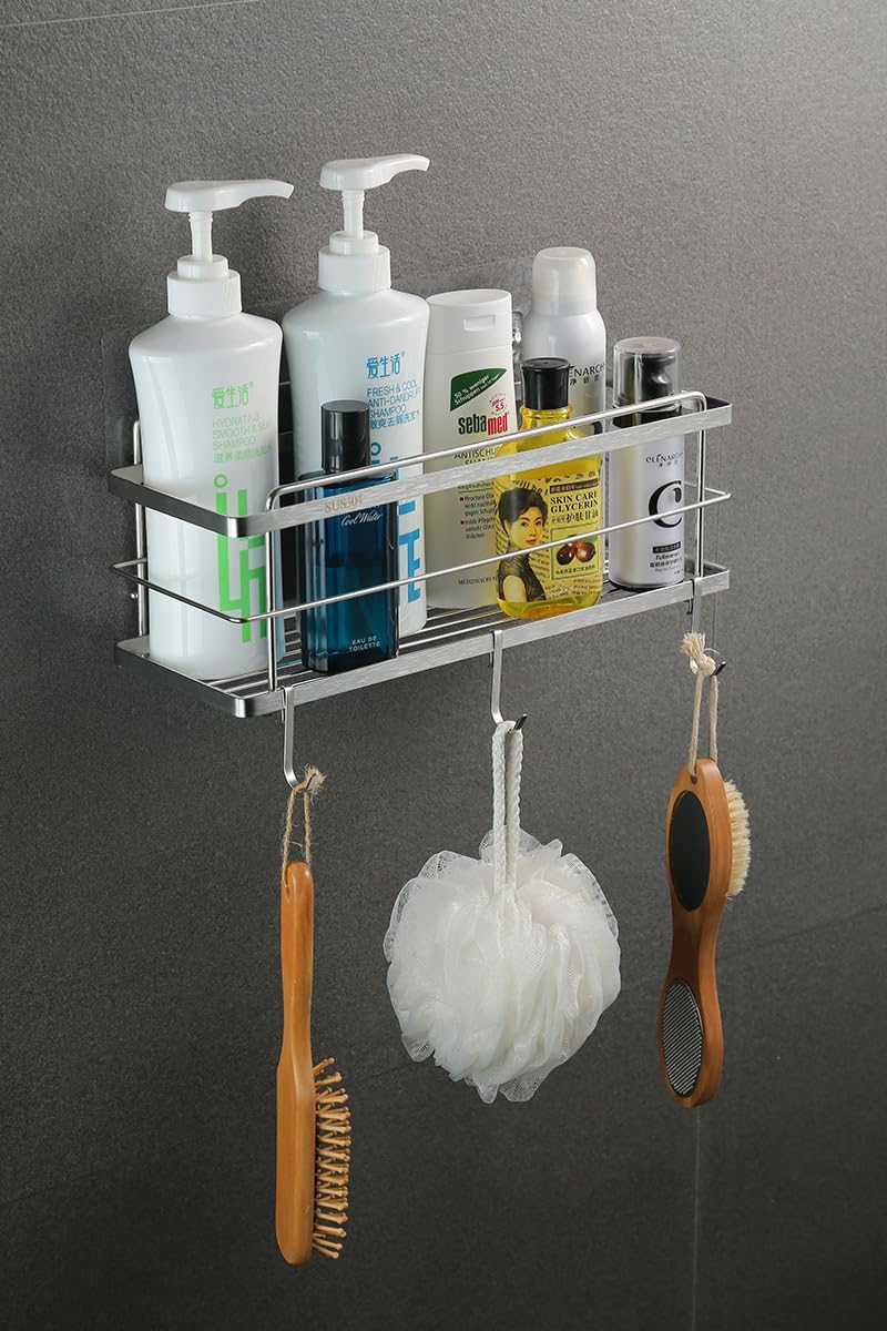 Lailisapex Premium Shower Caddy - Self Adhesive Shower Organizer, 4 Hooks, Drill-Free Shower Shelves, Rustproof Stainless Steel, (Silver)