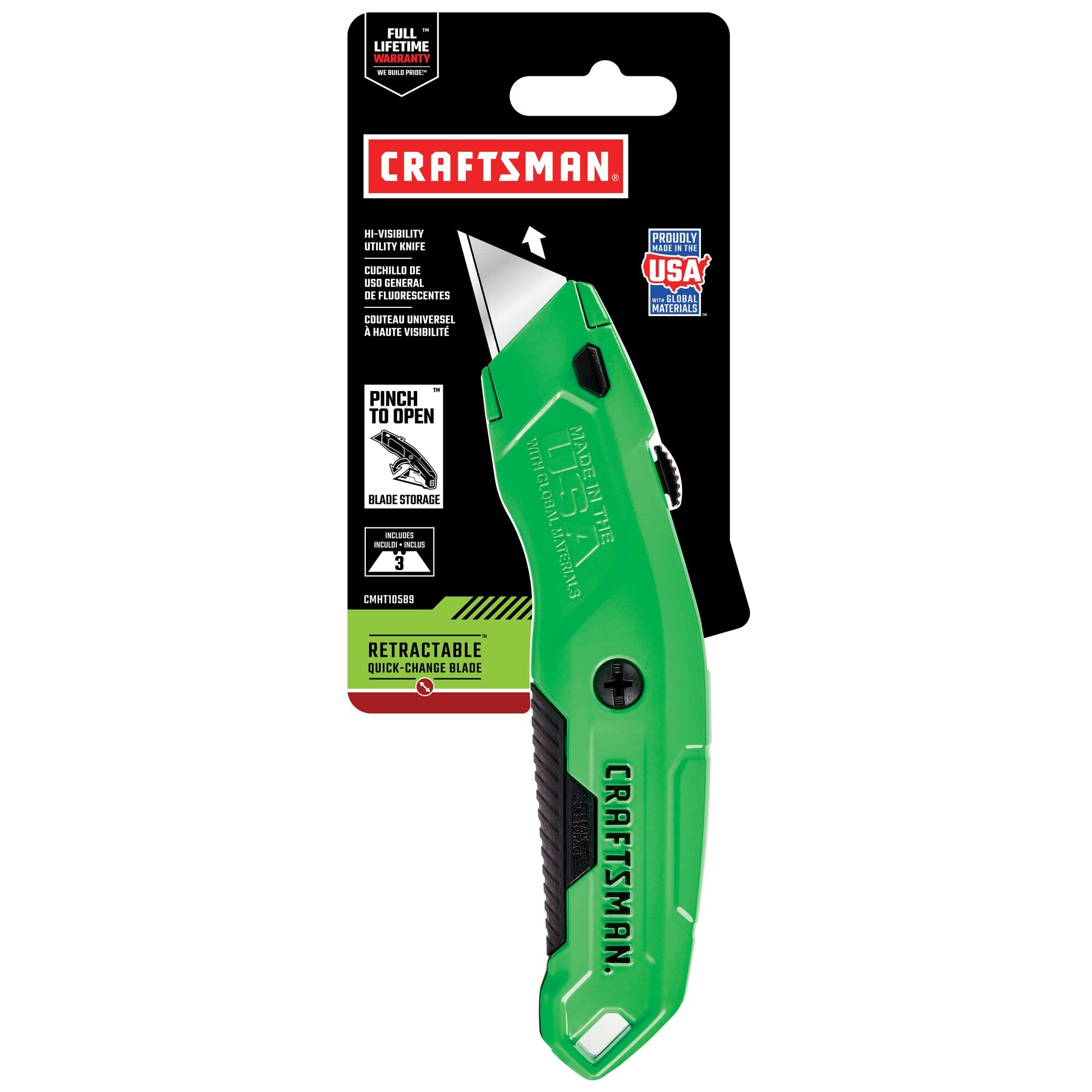 CRAFTSMAN Utility Knife, HI-Visibility, Retractable, 3 Blade (CMHT10589) (Pack of 4)