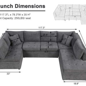 Suheww Pull-Out Sleeper Sectional, 117.3" Modular Sectional Sleeper Sofa with Pull Out Couch Bed, U Shaped Sectional Sleeper Sofa with Pullout for Living Room Grey