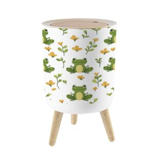 small trash can with lid cute frogs nature seamless pattern funny green frog character pattern 1.8 gallon/7l garbage can waste bin with pop-up lid wood legs wastebasket for bathroom kitchen bedroom