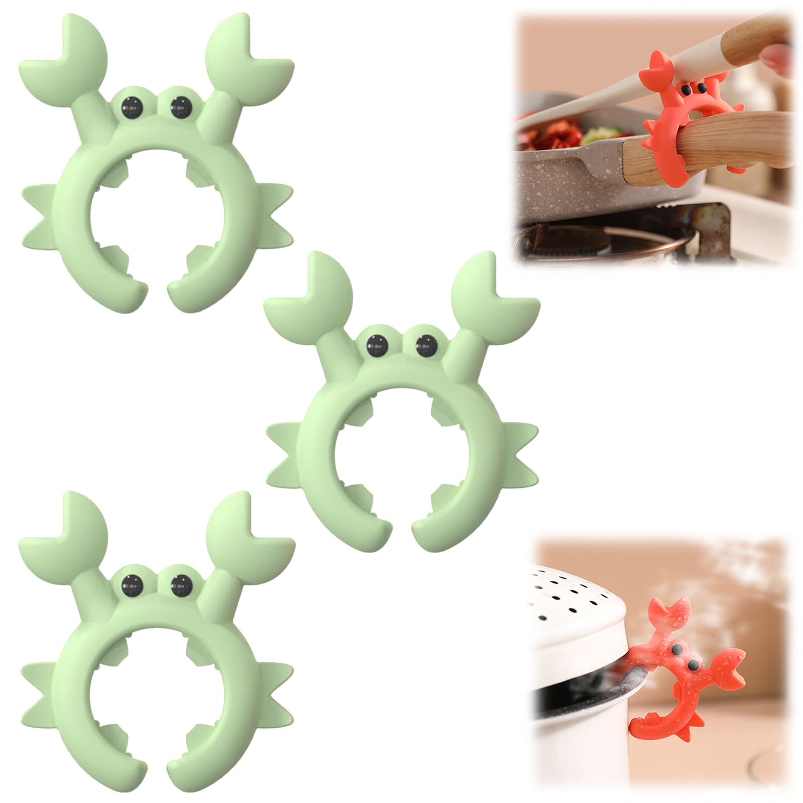 2024 New Silicone Crab Spoon Holder,Crab Shaped Silicone Spatula Rack,Crab Holder Spoon,Anti Scalding Kitchen Gadget,Crab Utensil Holder,Silicone Spoon Rest Clip,Utensil Holder For Pot (3, green)