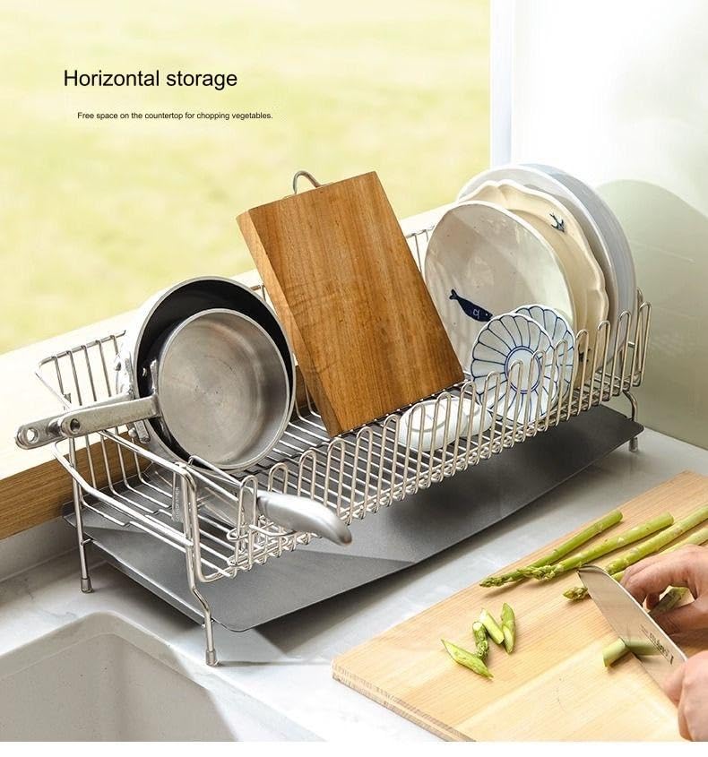 Dish Drying Rack 304 Stainless Steel Dish Rack with Drainboard Drainage, Utensil Holder for Various Kitchenware,Comes with chopstick holder Multifunctional Dish Rack for Kitchen Counter,Cup Holder,(St