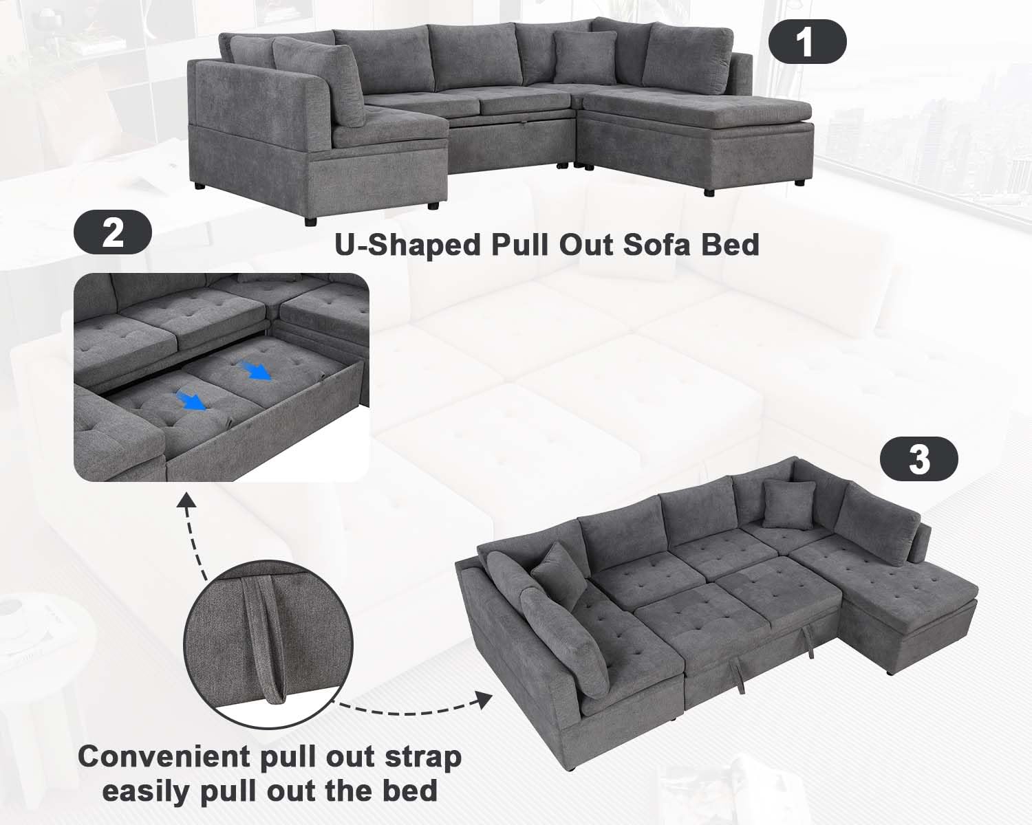 Suheww Pull-Out Sleeper Sectional, 117.3" Modular Sectional Sleeper Sofa with Pull Out Couch Bed, U Shaped Sectional Sleeper Sofa with Pullout for Living Room Grey