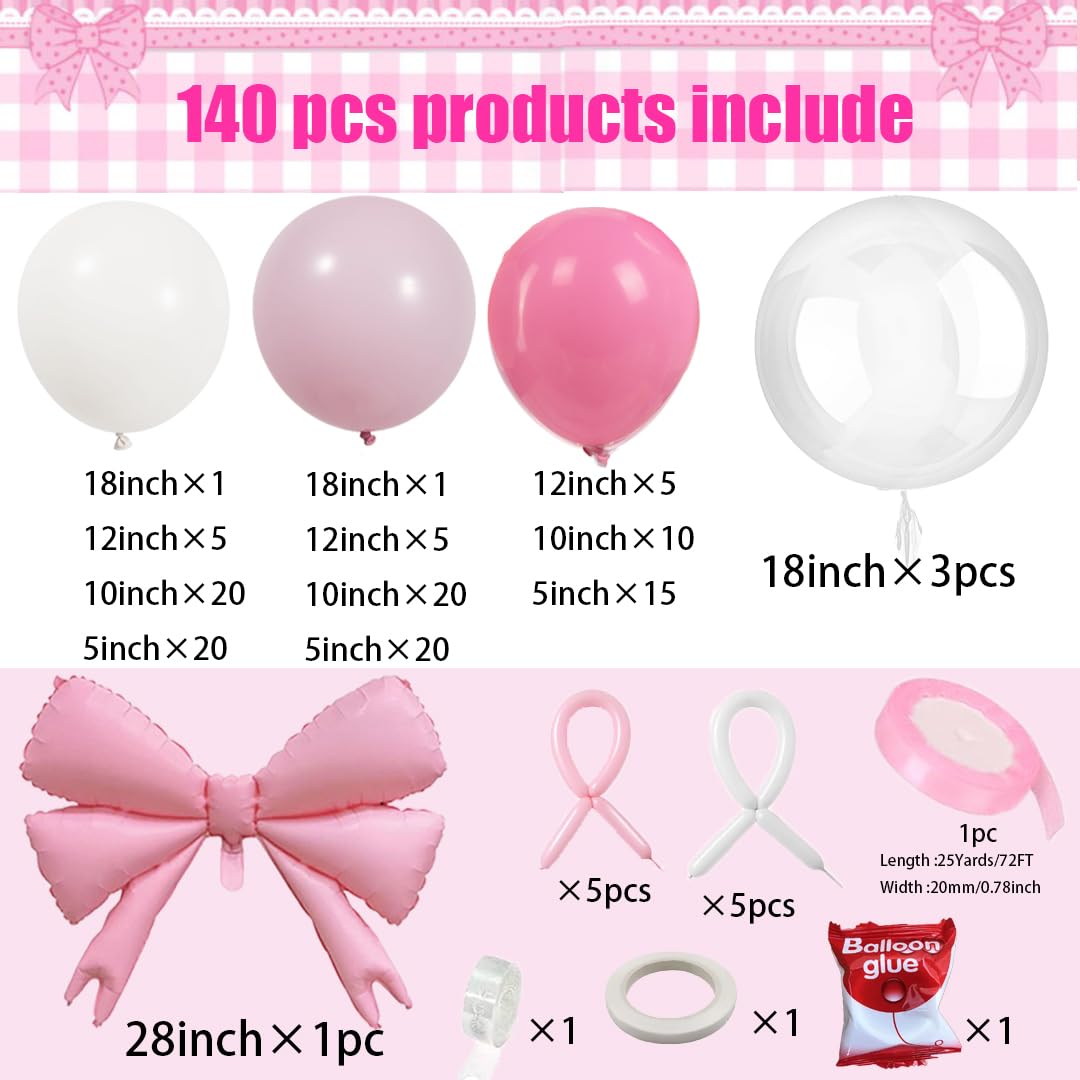 pink balloon arch kit Coquette Birthday Decorations Pink and White Balloon whit Bow balloons for Pink Bow Birthday bachelorette Bridal Shower Party Decorations