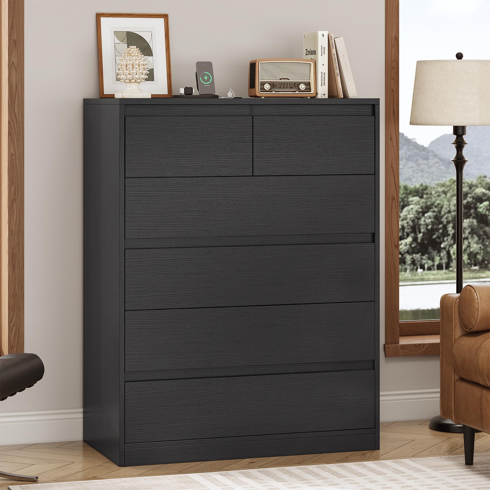 AOGLLATI Black Dresser for Bedroom, Modern Tall Dresser with 6 Drawers, Dressers & Chest of Drawers with Charging Station Handle Free,Wooden 6 Drawer Dresser for Bedroom Living Room,Black