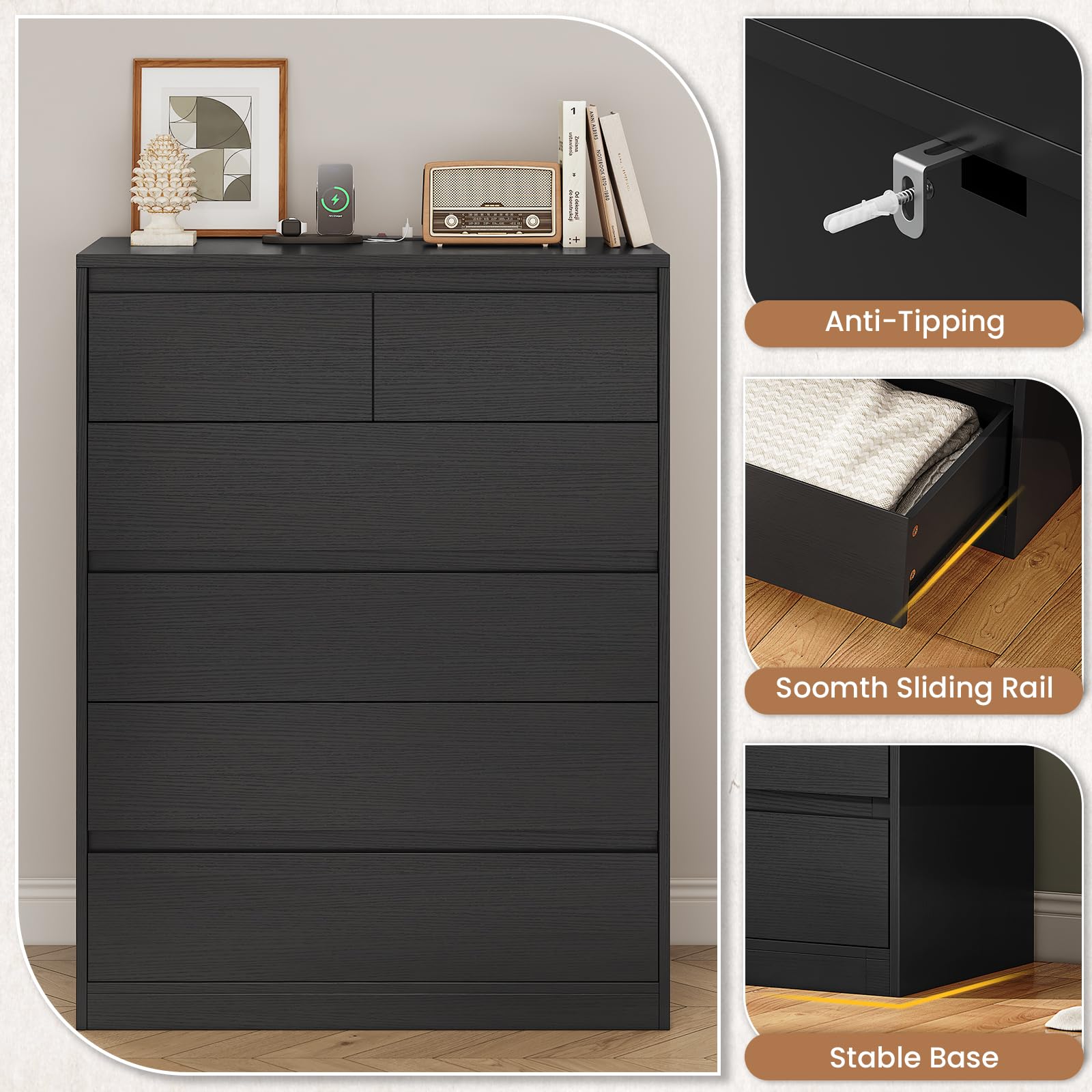 AOGLLATI Black Dresser for Bedroom, Modern Tall Dresser with 6 Drawers, Dressers & Chest of Drawers with Charging Station Handle Free,Wooden 6 Drawer Dresser for Bedroom Living Room,Black