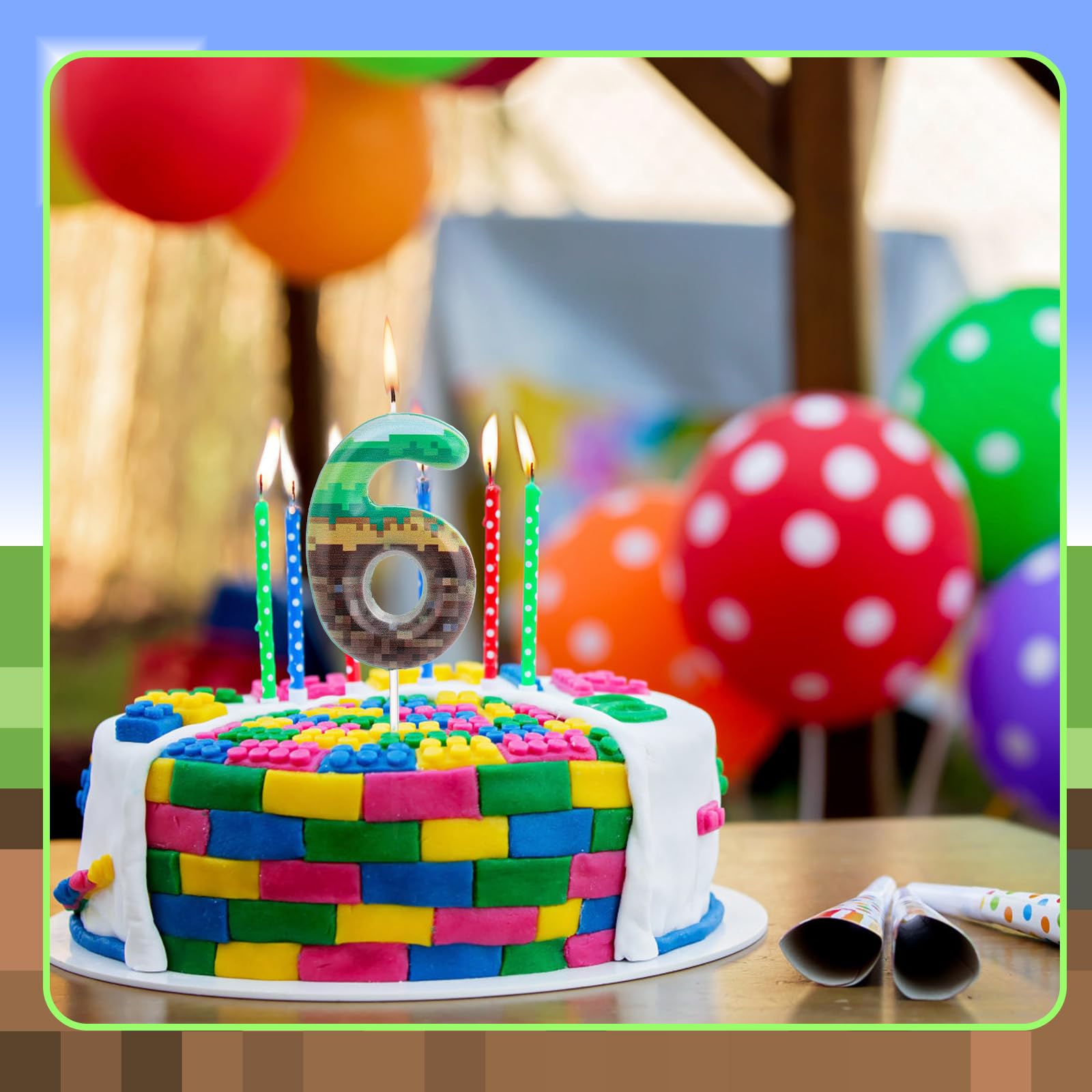 Pixel Birthday Cake Candle, Green Pixel Birthday Candle Pixel Cake Candle Number Candles Pixel Print Number Cake Toppers for Birthday Wedding Anniversary Pixel Themed Parties (6)