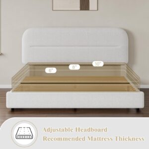 HOMBCK Queen Size Boucle Bed Frame, Upholstered Bed Frame with Headboard, Soft Cloud Bed Frame with Thickened Footboard, Rounded Corners, No Box Spring Needed, Easy Assembly, White