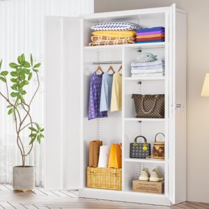 intergreat 72”tall metal wardrobe cabinets with lock,clothing storage cabinets with hanging rod and 4 adjustable shelves，closet for home living/laundry room/department (white)