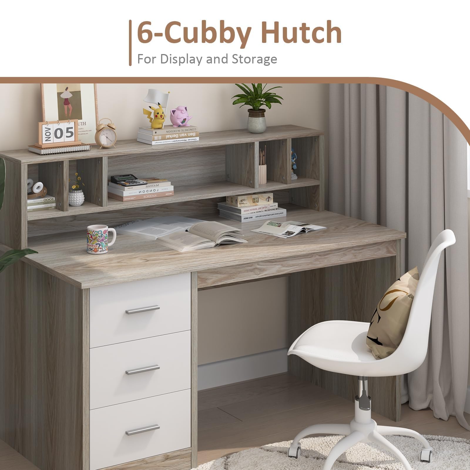 MaverickFurni Walnut and White Desk with 3 Drawers, Small Desk with Storage, Study Desk with Hutch, Kids Desk with Drawers, Wooden Computer Desk for Bedroom