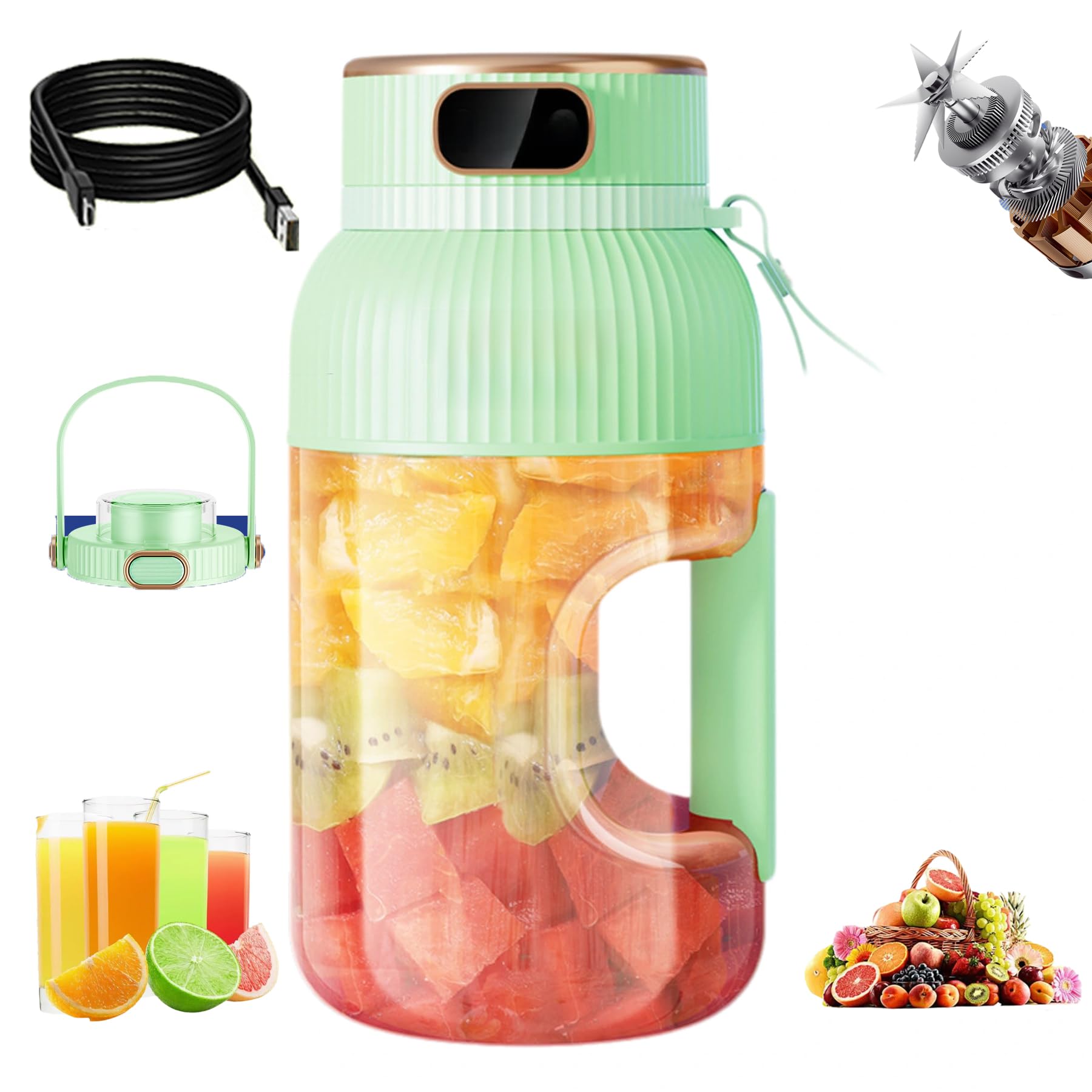 42 Oz The Ovidian Portable Juicer, 2-In-1 Ovidian Large Capacity Juicer Cup, Multifunctionalportable Blender for Smoothies With Digital Display for Sports, Fitness and Daily Life (Green-double cover)