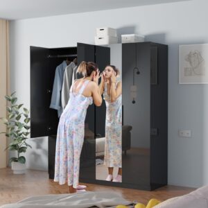 VINGLI 72.8" H Wardrobe Closet with Mirror, High Gloss 4 Door Armoire with 2 Drawers, Wardrobe Cabinet with Hanging Rod & Shelves, Modern Black Freestanding Armoire Wardrobe Closet for Bedroom, Wood