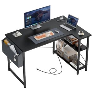 enhomee l shaped computer desk with file drawer & power outlet, 39 inch home office desk corner desk for small space, bedroom work, black