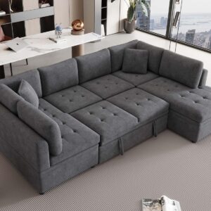 Suheww Pull-Out Sleeper Sectional, 117.3" Modular Sectional Sleeper Sofa with Pull Out Couch Bed, U Shaped Sectional Sleeper Sofa with Pullout for Living Room Grey