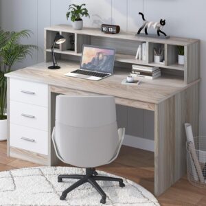 MaverickFurni Walnut and White Desk with 3 Drawers, Small Desk with Storage, Study Desk with Hutch, Kids Desk with Drawers, Wooden Computer Desk for Bedroom