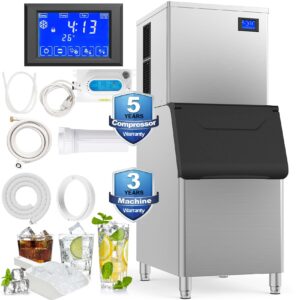 ice machine commercial ice maker machine large industrial stainless steel freestanding ice machine 410lbs/24h with 400lbs storage bin ice ready in 7-12 mins, clear cube ice (410lbs/24h)