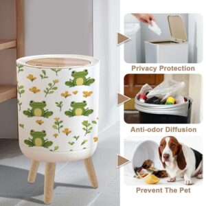 Small Trash Can with Lid Cute frogs nature seamless pattern Funny green frog character pattern 1.8 Gallon/7L Garbage Can Waste Bin with Pop-Up Lid Wood Legs Wastebasket for Bathroom Kitchen Bedroom