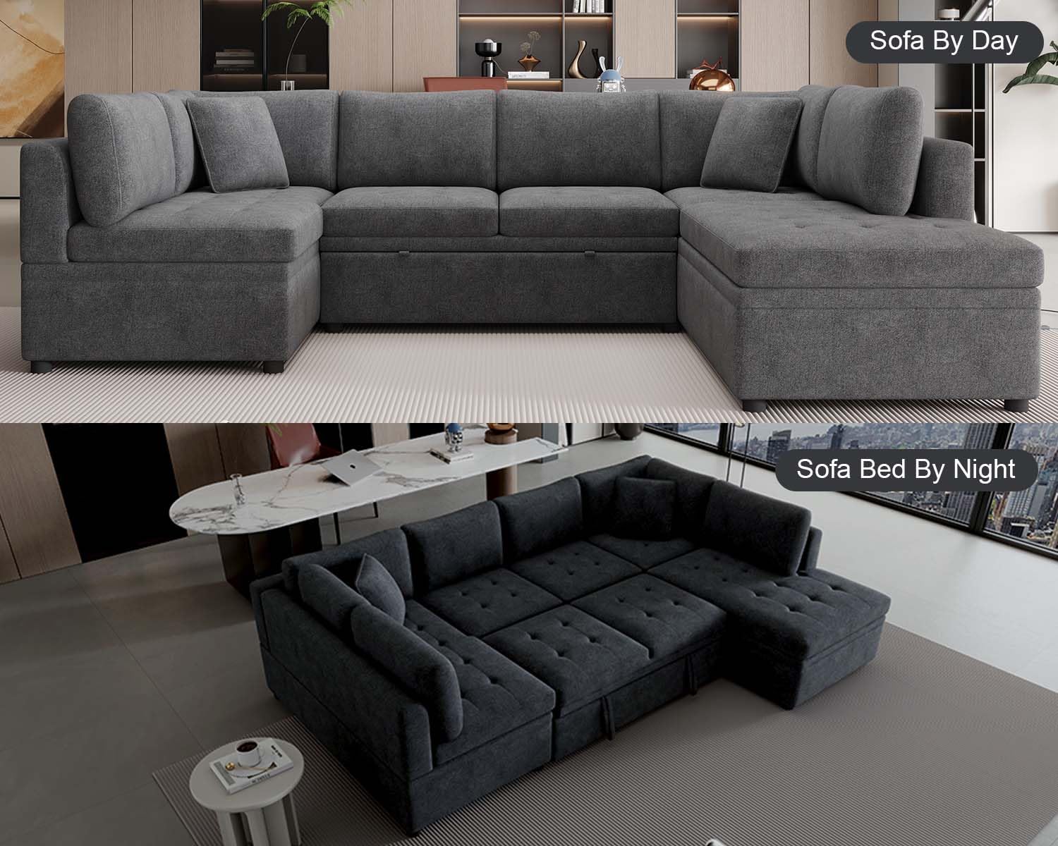 Suheww Pull-Out Sleeper Sectional, 117.3" Modular Sectional Sleeper Sofa with Pull Out Couch Bed, U Shaped Sectional Sleeper Sofa with Pullout for Living Room Grey