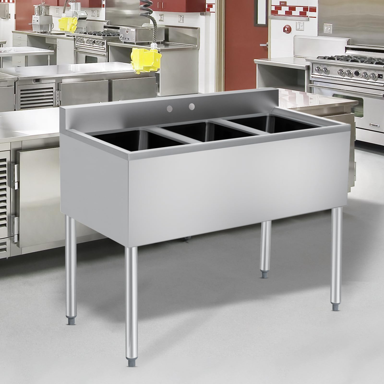 HARDURA 3 Compartment Sink of Stainless Steel, with 10X14X10 Inches Bowl and Backsplash, NSF Commercial Three Compartment Sink for Bar, Restaurant, Kitchen and Cafe