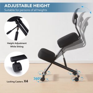 SOMEET Ergonomic Kneeling Chair with Back Support, Ergonomic Kneeling Chair with Brake and Smooth Gliding Casters, Adjustable Stool for Home and Office, Posture Chair to Relieve Back Pain, Black Linen