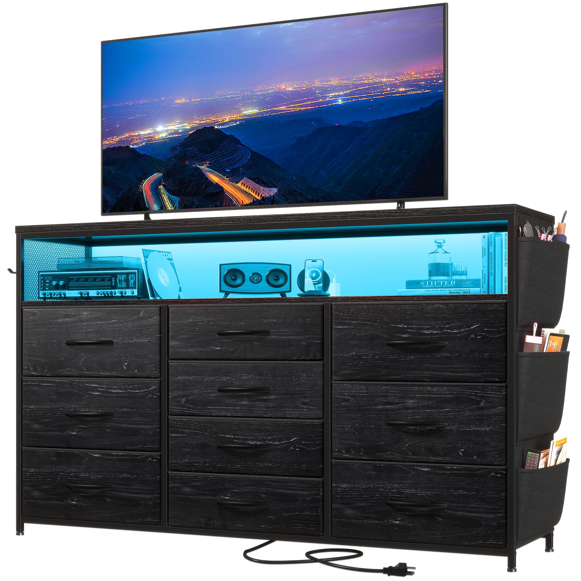 EnHomee 10 Drawer Dresser for Bedroom with Wood Open Shelves，55" TV Stand for Bedroom with Power Outlets and LED Lights，Fabric Dressers & Chest of Drawers with Side Pocket，Living Room，Closet，Black